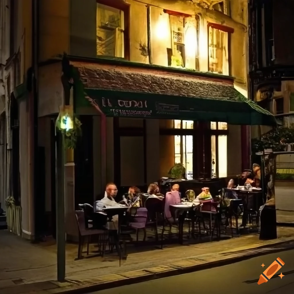 A corner lot cafe in the dark night. It should be on the right side of ...