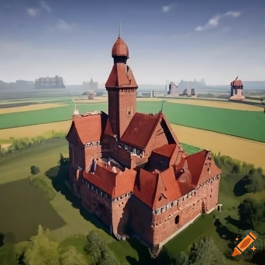 Unreal engine 5 aerial view of sci-fi german great castle with red ...