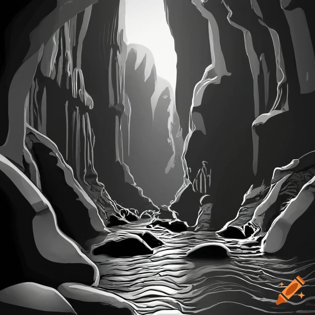 Black and white icon. side view of cavern with a giant black chasm. A ...