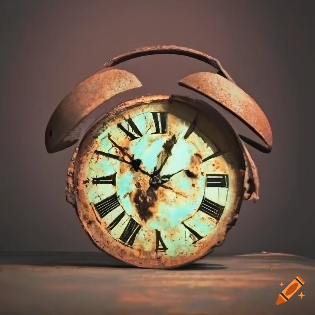 Old dilapidated broken rusty clock on Craiyon