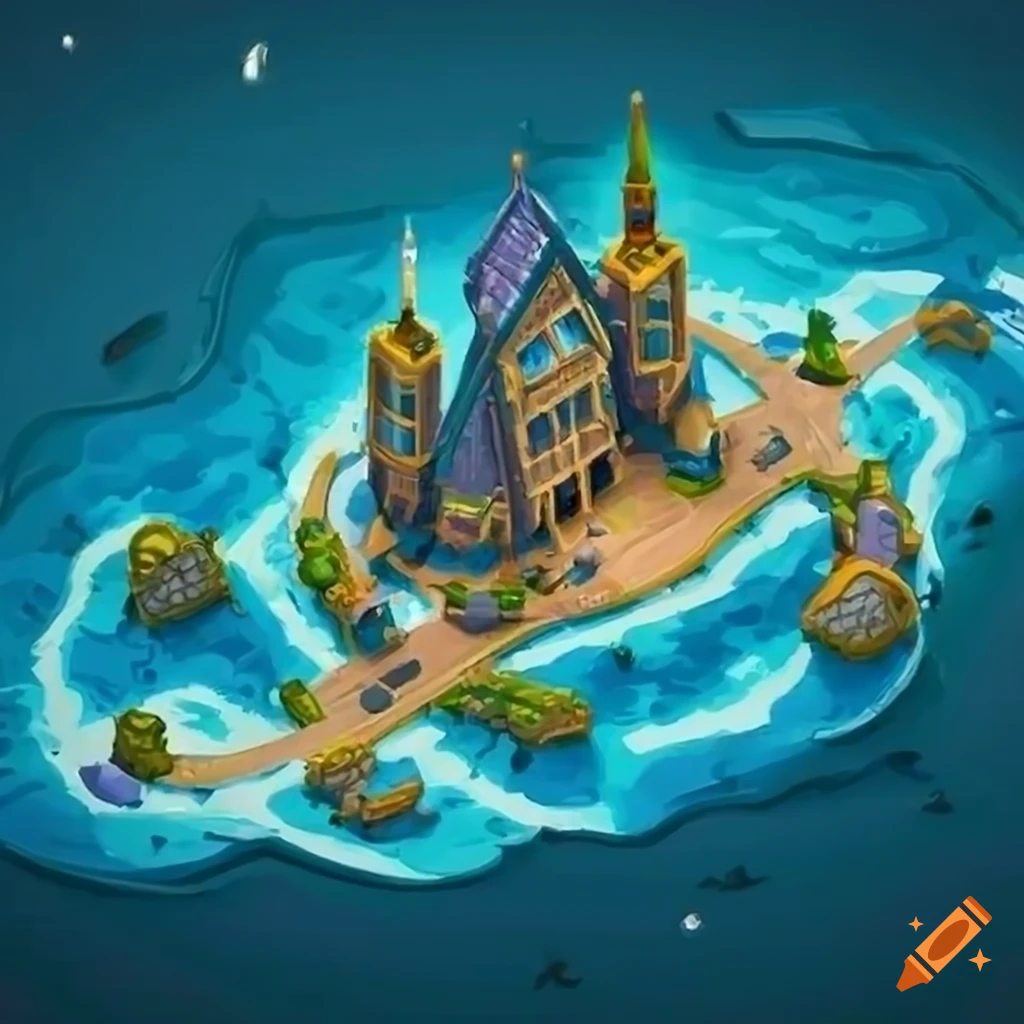 City-building fantasy game in a water world, building in isometric top view