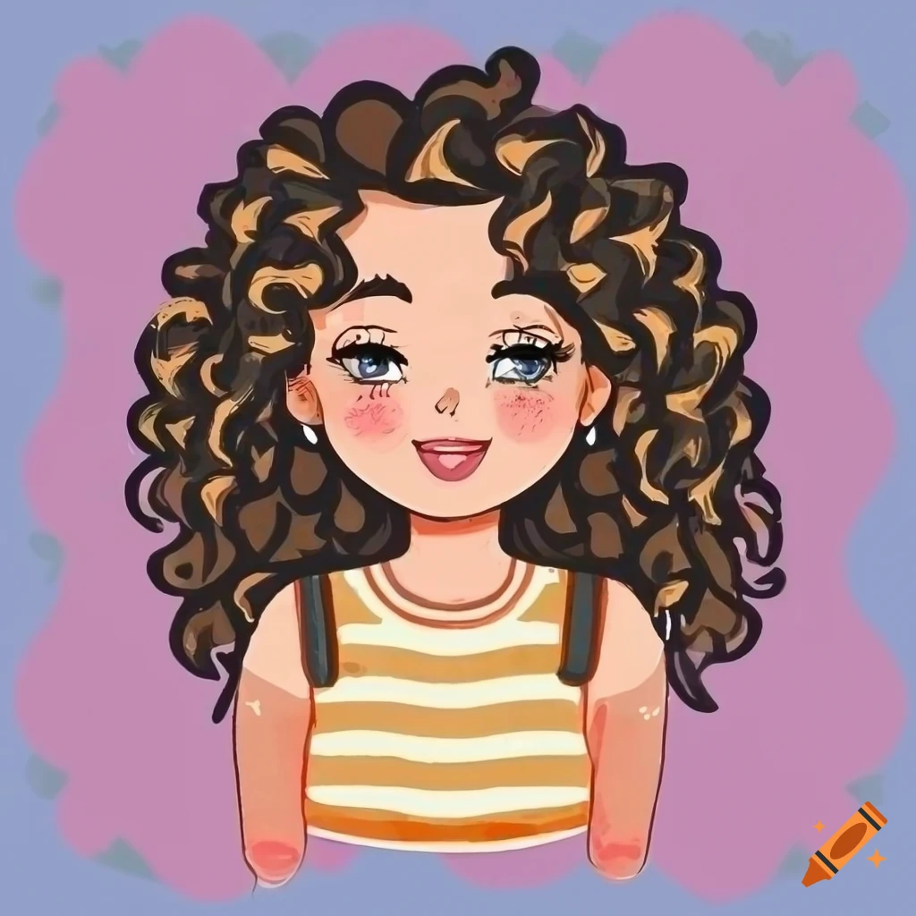 A detailed illustration of adorable cute tan girl🥺😊,black curly-silky ...