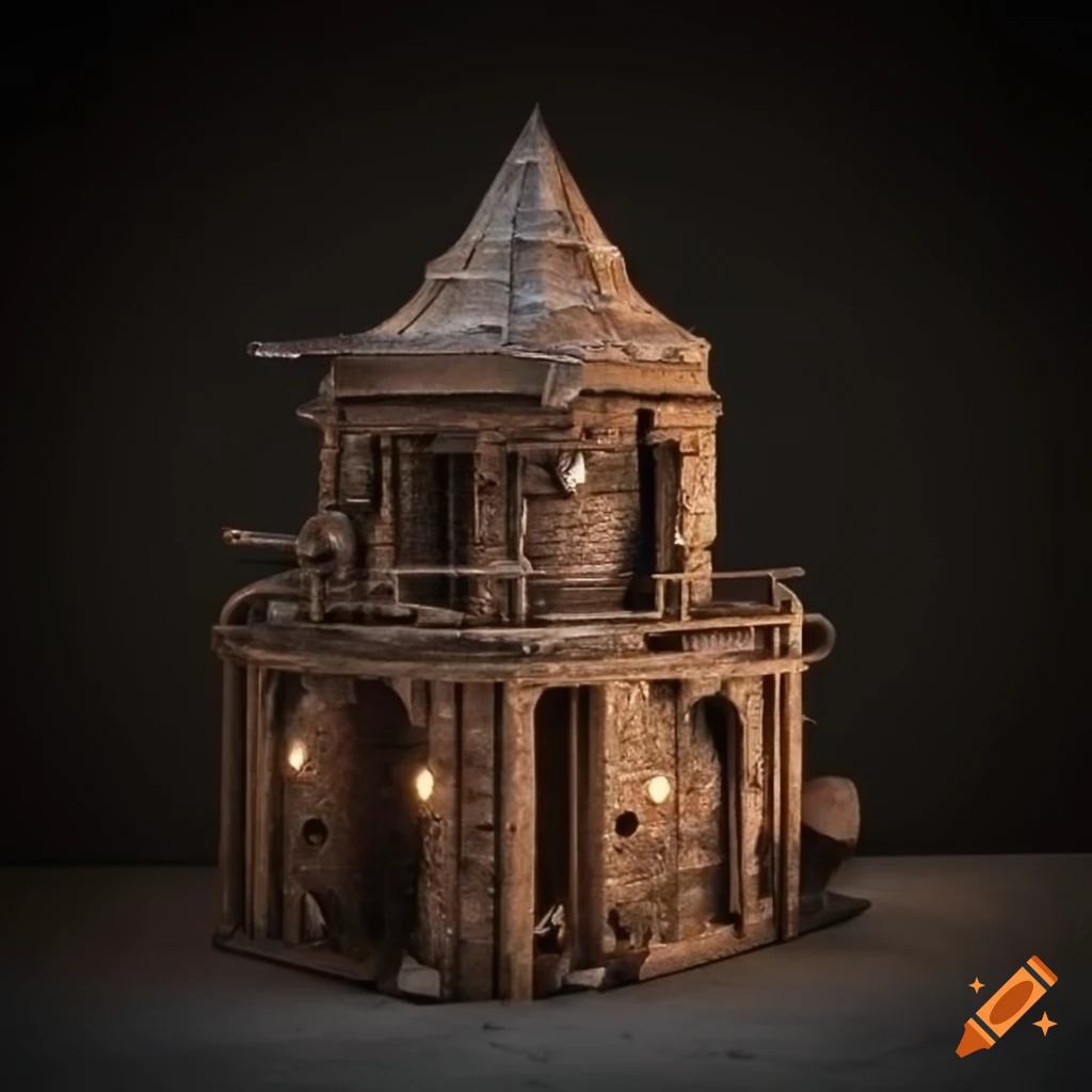 A small steampunk building of metal, stone, bricks and wood on Craiyon