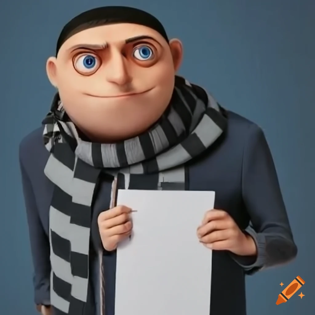 Gru holding a big white poster on Craiyon