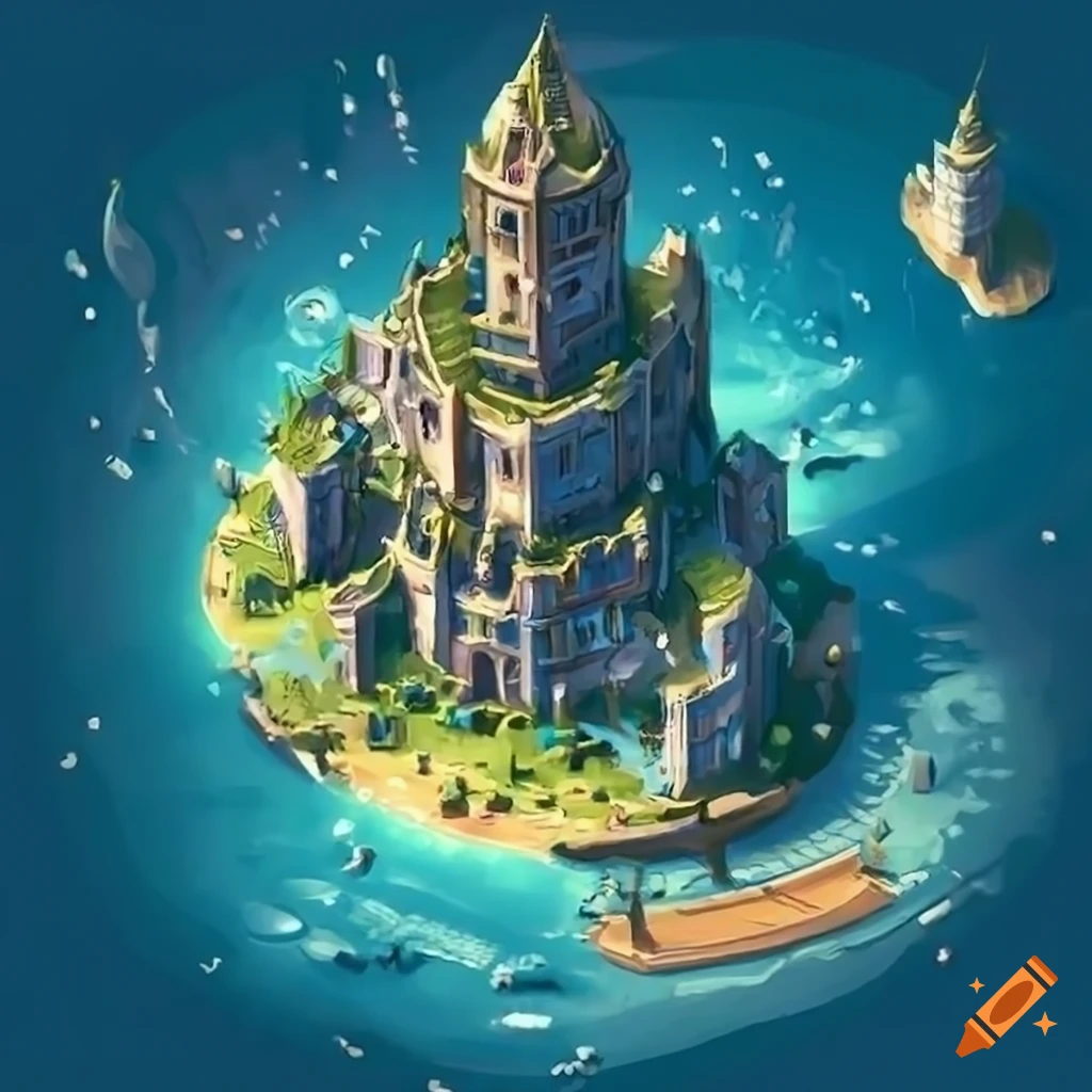 City-building fantasy game in a water world, iland in isometric top ...