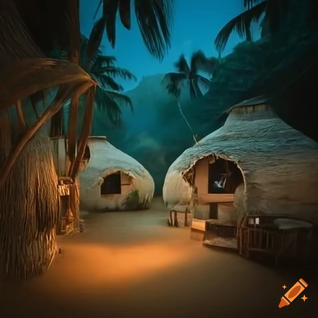 Sci-fi inspired village at night, superadobe huts, primitive futurism ...