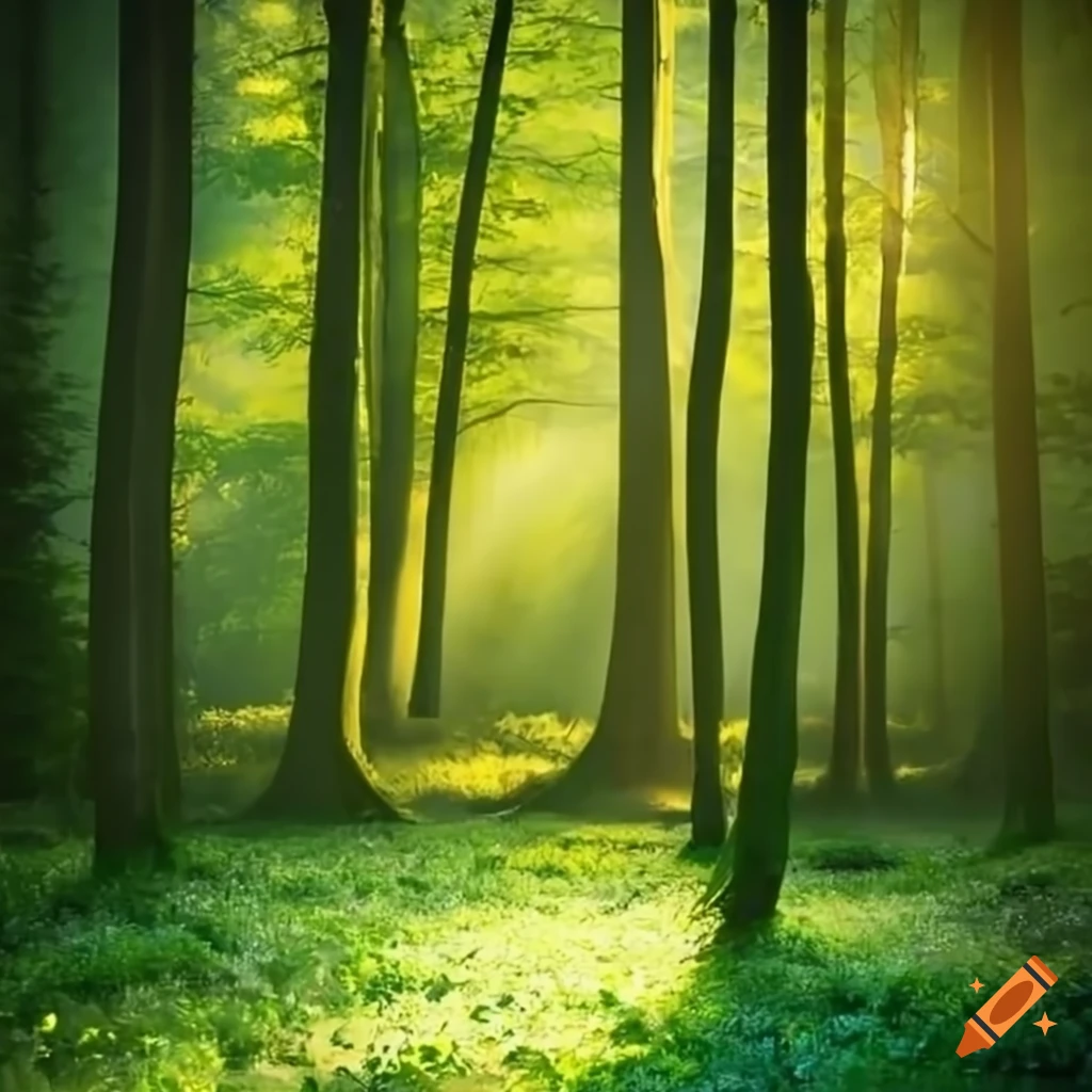 Enchanting nature scene of a lush green forest with golden sunlight on ...