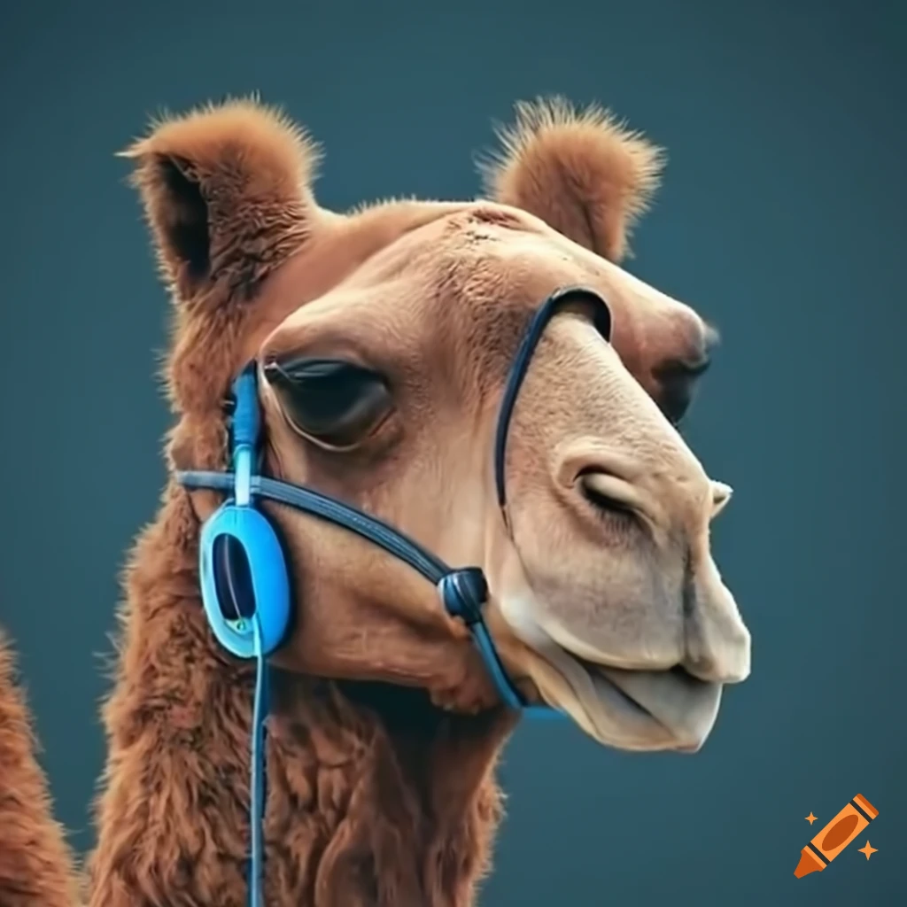 Camel listening to full-size headphone music