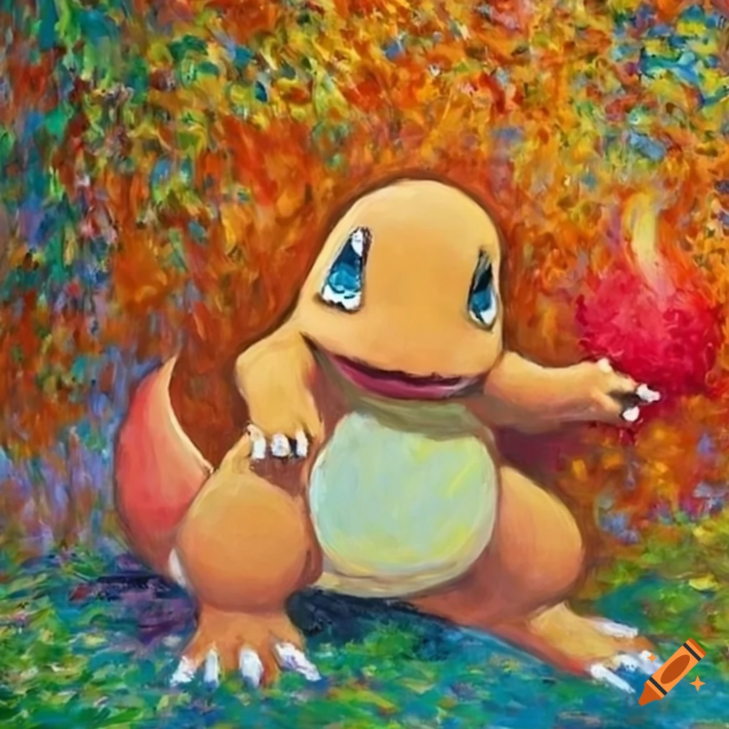 Claude monet-inspired painted of charmander in the park