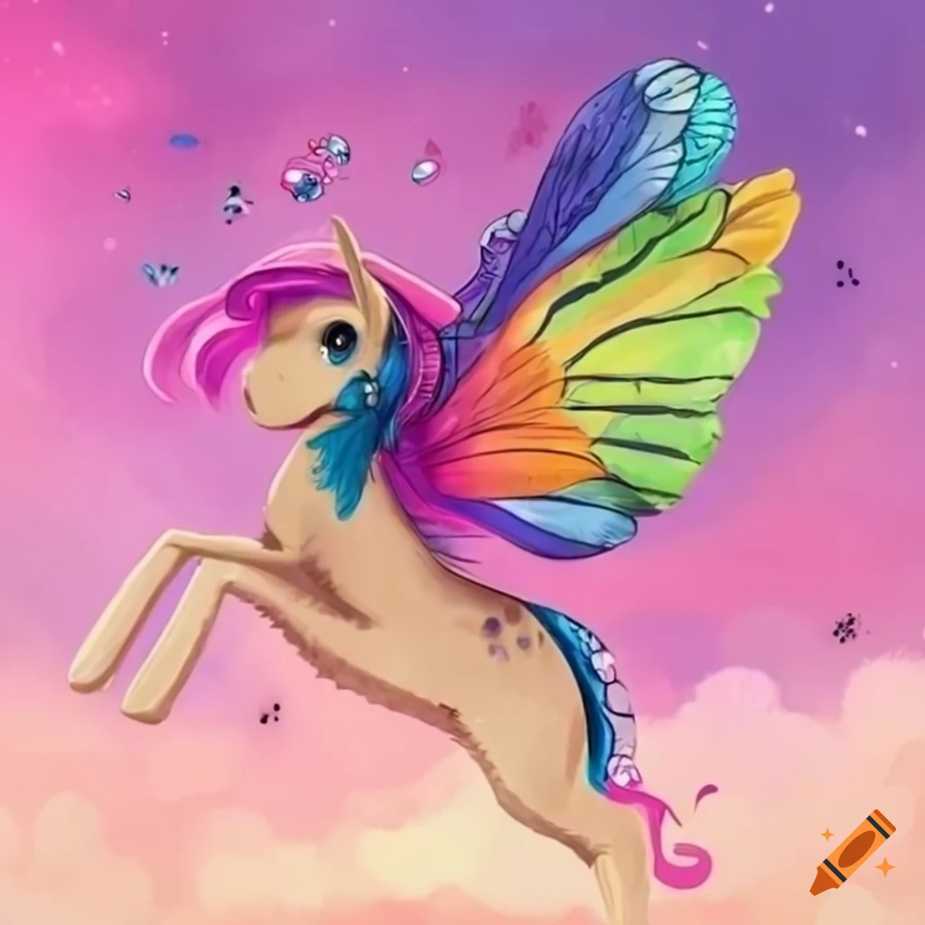 A drawing of a pony with butterfly wings flying in a magical world on ...