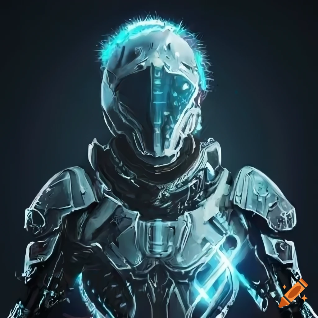 A portrait of a person in sci-fi armor scanning surrounding landscape ...