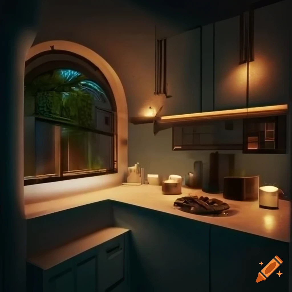 Primitive futuristic kitchen, 1990s style kitchen, interior design, sci ...