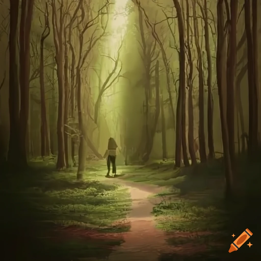 An image of a winding path through a forest, with a person walking ...