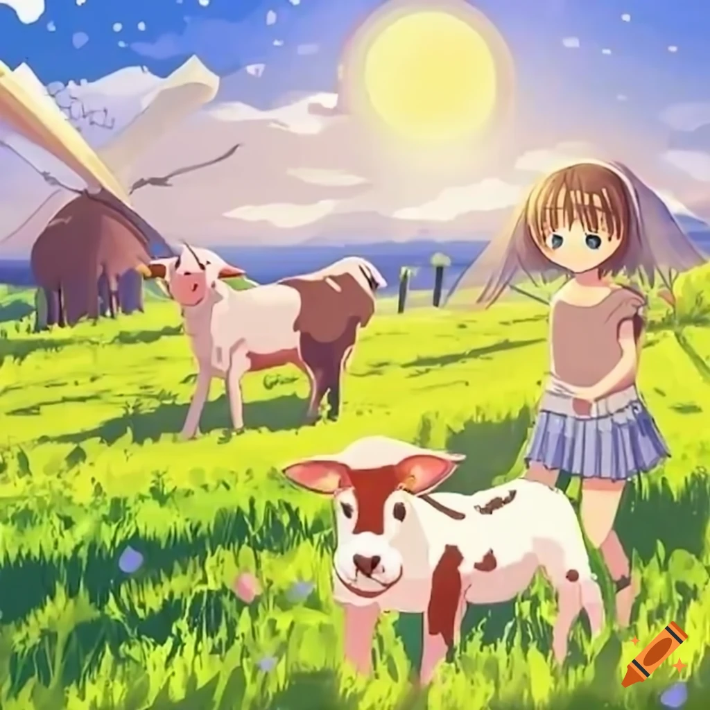 Kids playing with farm animals in a sunny countryside