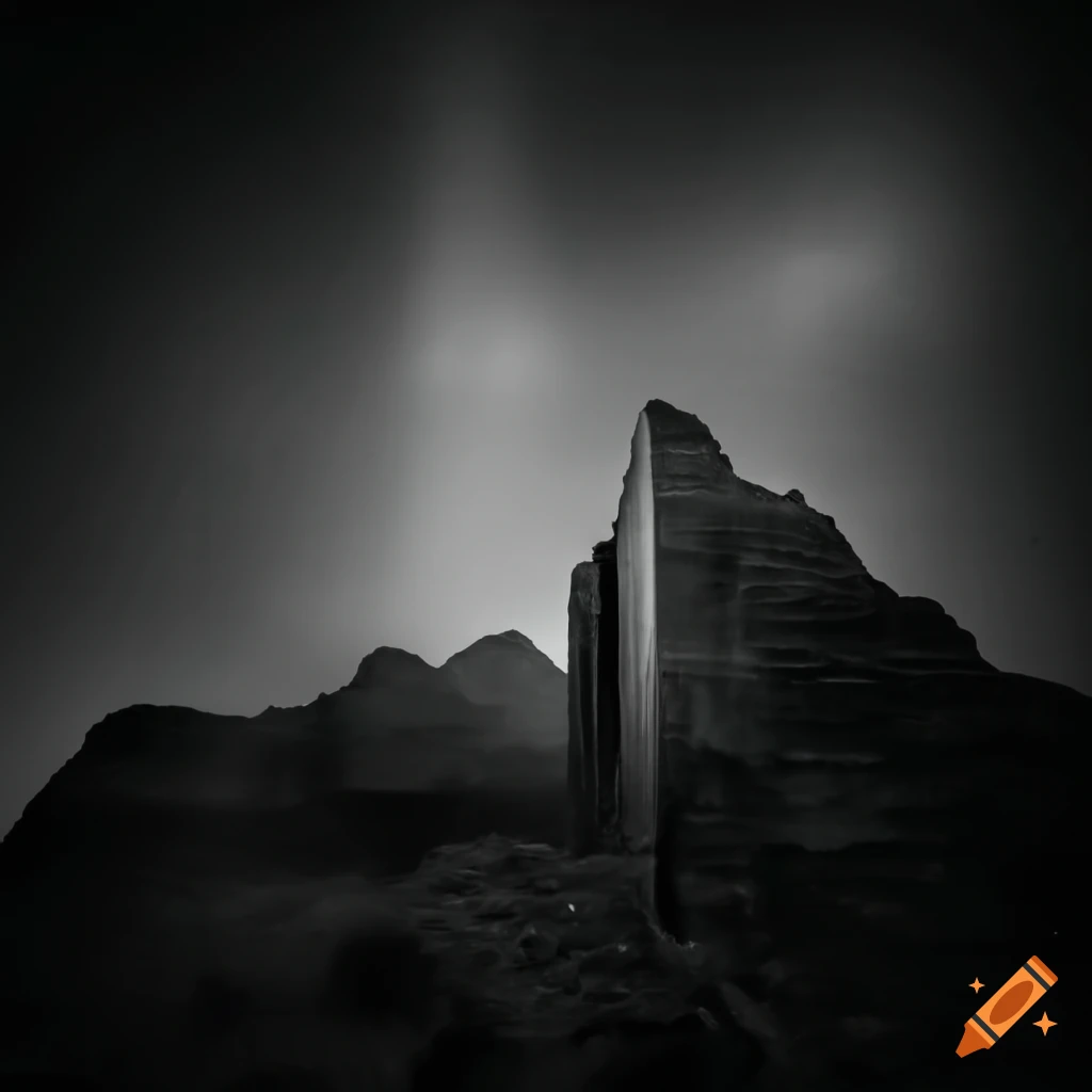 Large silver rectangular monolith in a canyon