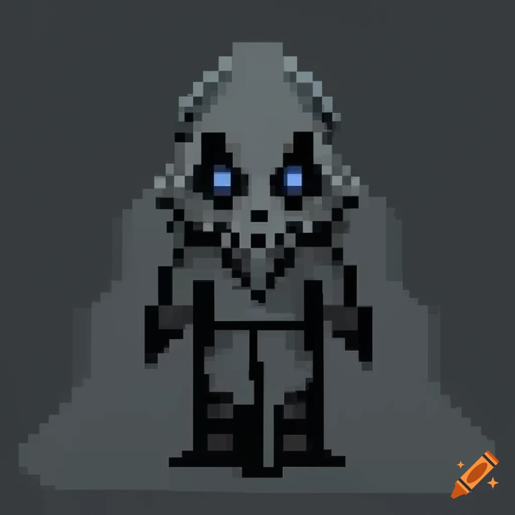 Shadow hooded character with white eyes as pixel art on Craiyon