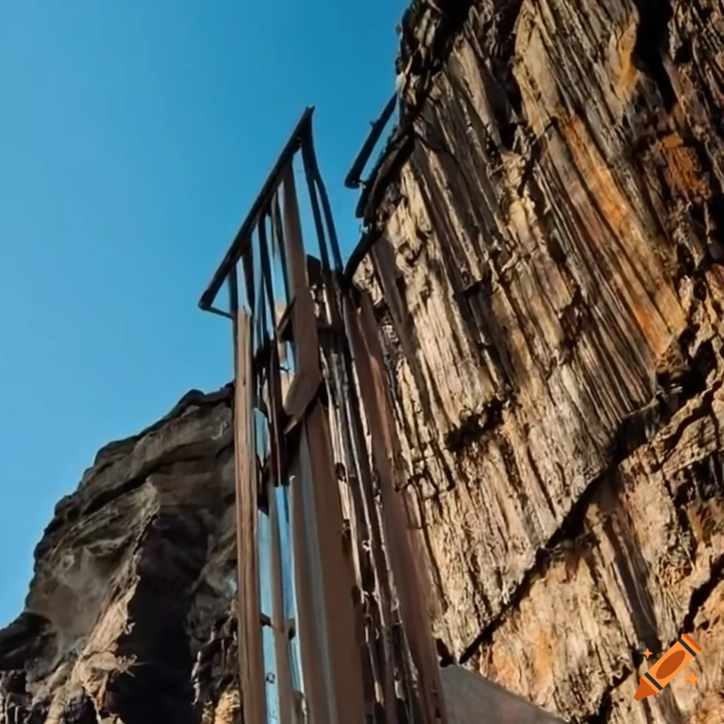 Metal pillars and beams hanging from a cliff on Craiyon