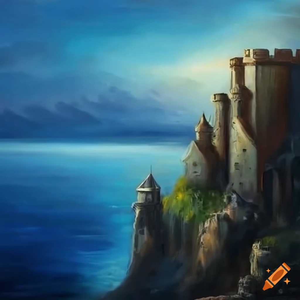 Fantasy castle on a cliff overlooking the ocean on Craiyon