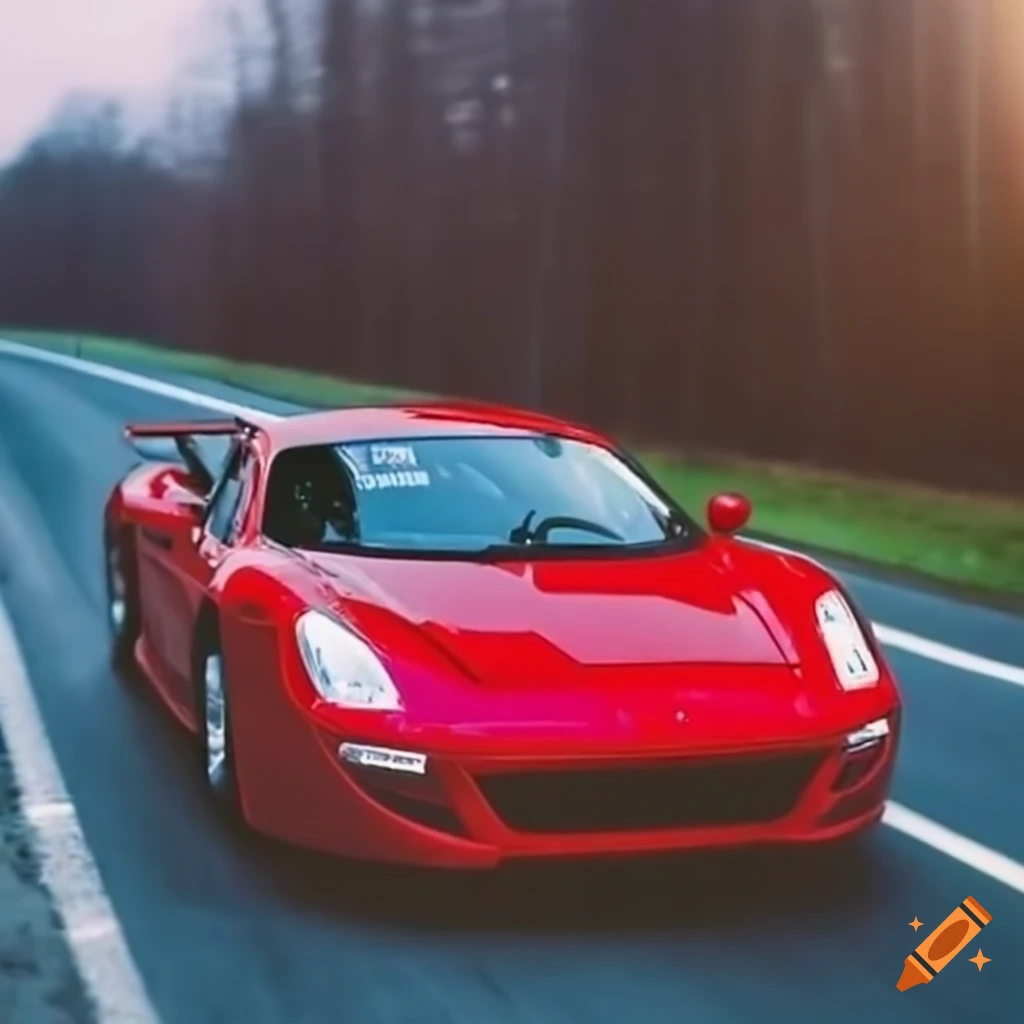 A red sports car racing down the highway on Craiyon
