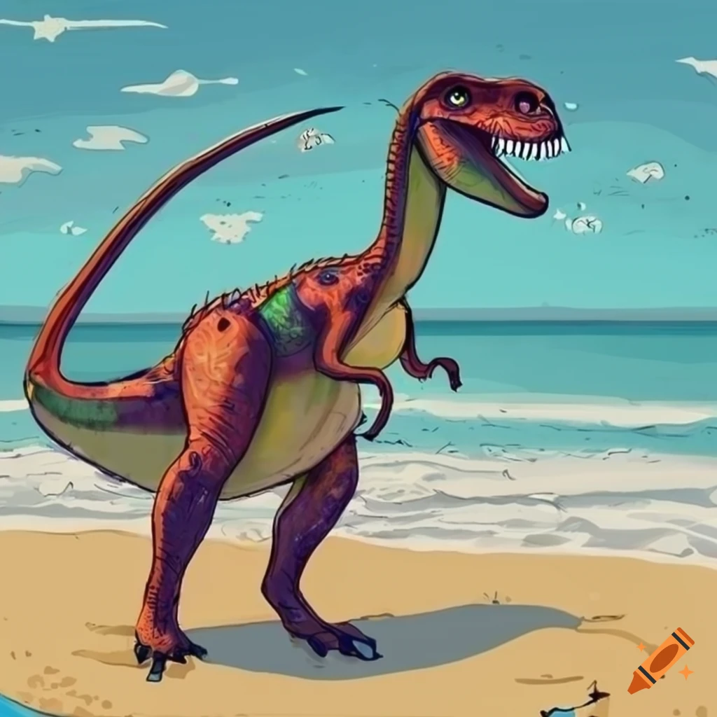 Imagine a dinosaur on the beach, no colors, just drawing lines to color ...