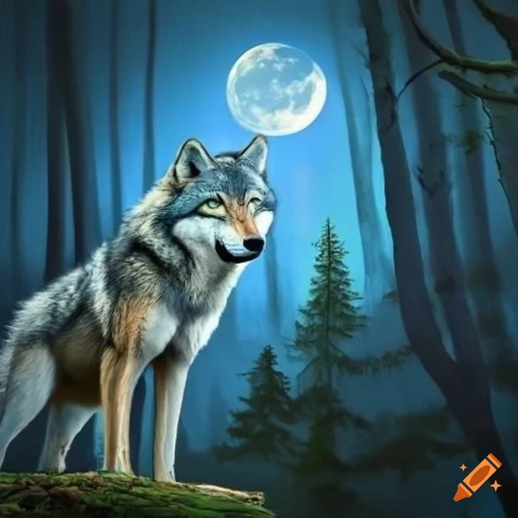 Moonlit wolf in the forest