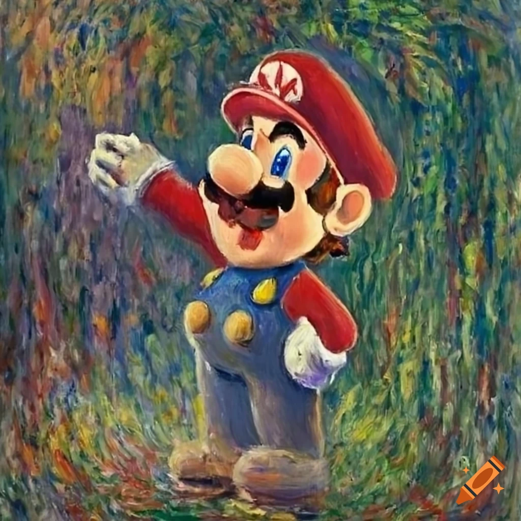 An impressionist painting of mario bros in his world by claude monet on ...