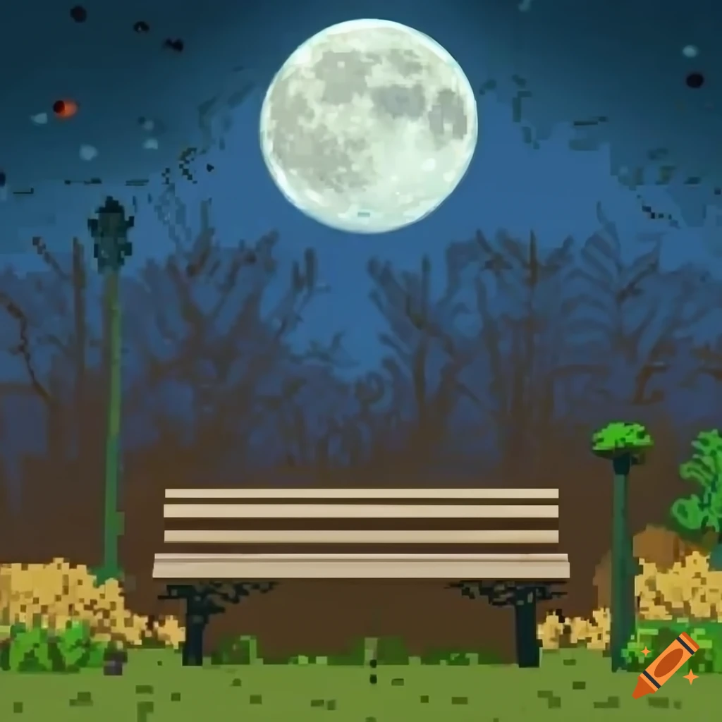 High definition pixel art of a park bench in a park with a full moon ...