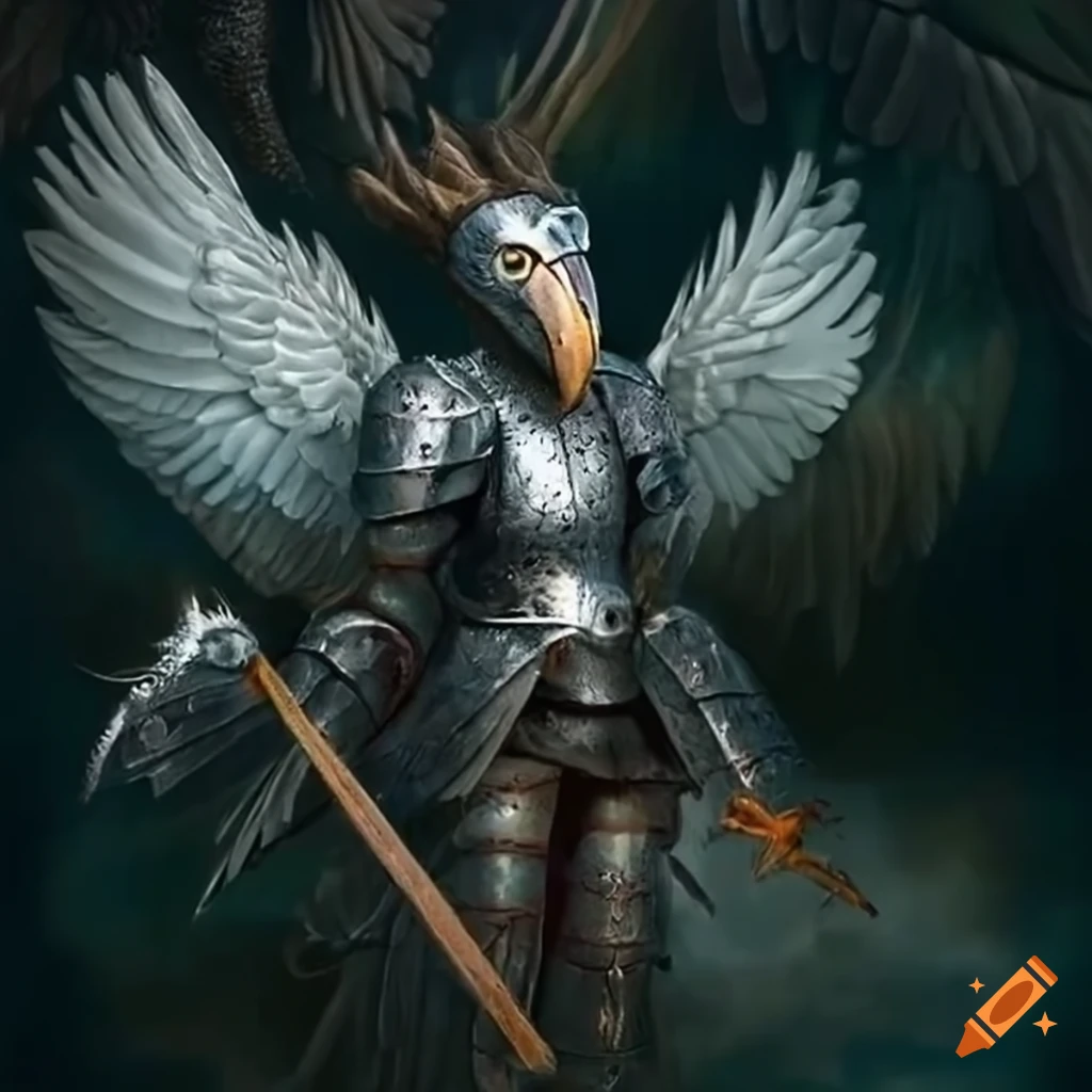 Armored shoebilled stork knight with wings unfurled on Craiyon