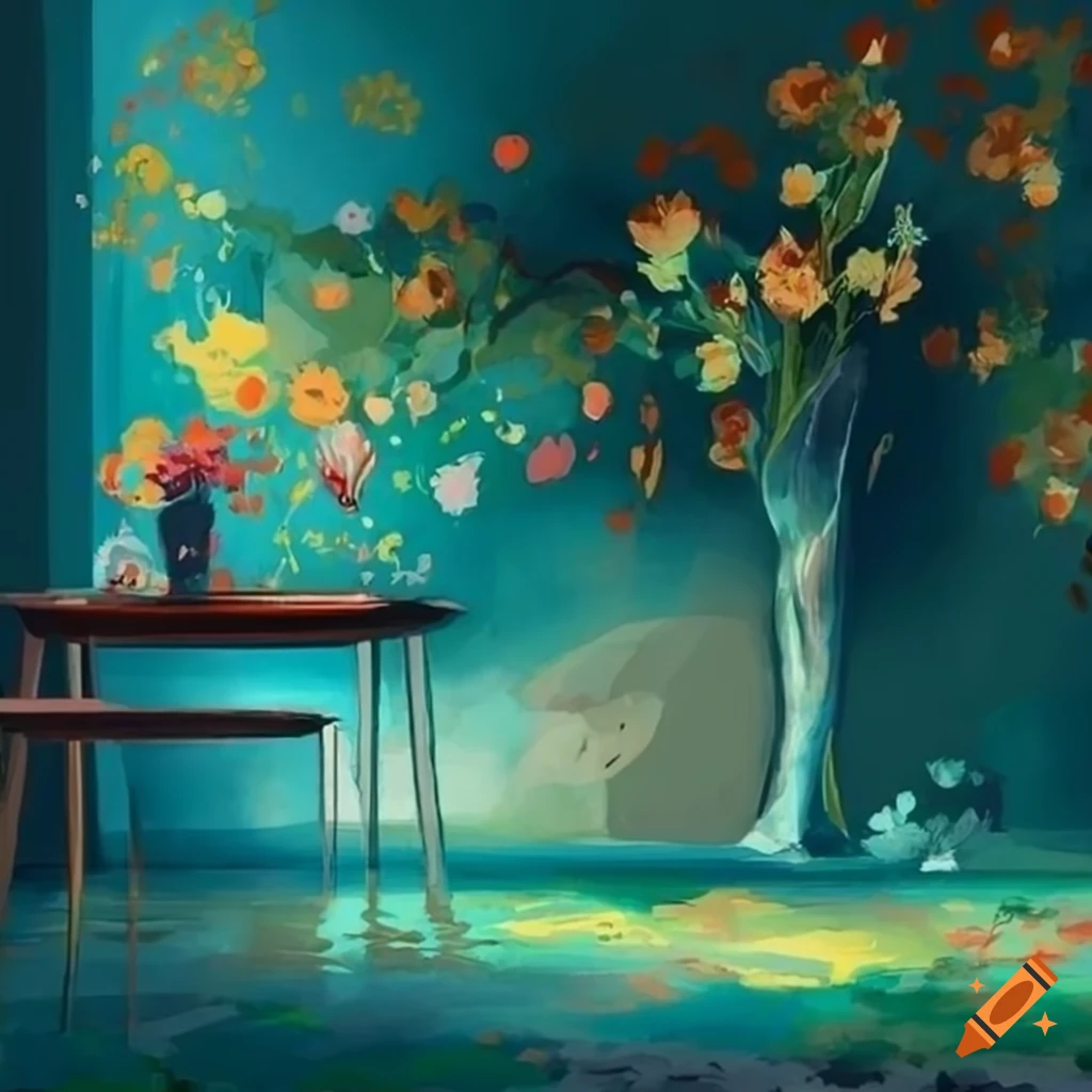 Illustration of artist painting on walls in a room full of flowers and ...