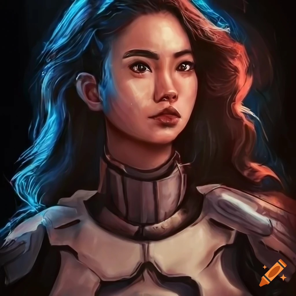 A Portrait Of A Young Filipina Woman In Sci Fi Armor With Wavy Long Hair Glowing Lines On Armor