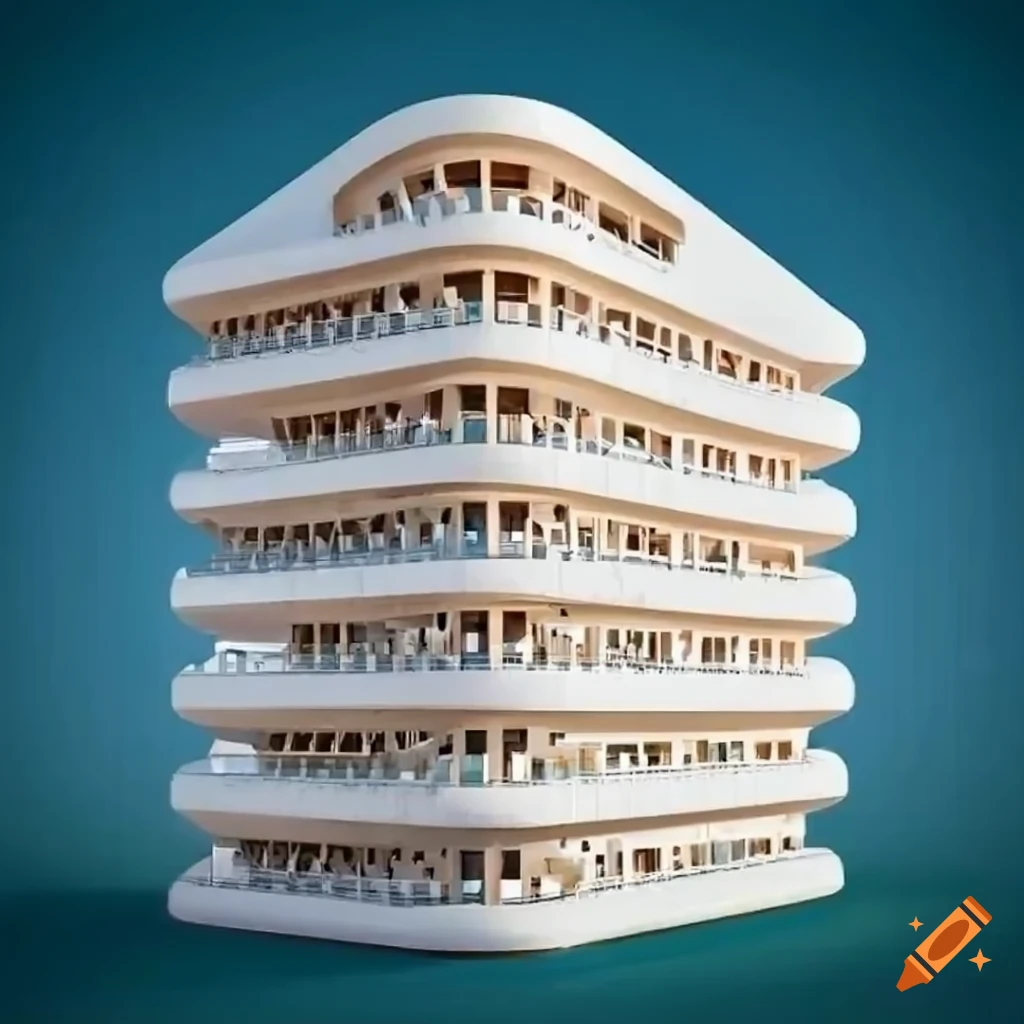 A six-story building with a combination of wood and white color in a ...