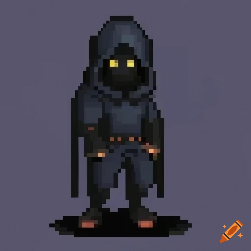 Shadow Hooded character with white eyes as pixel art on Craiyon
