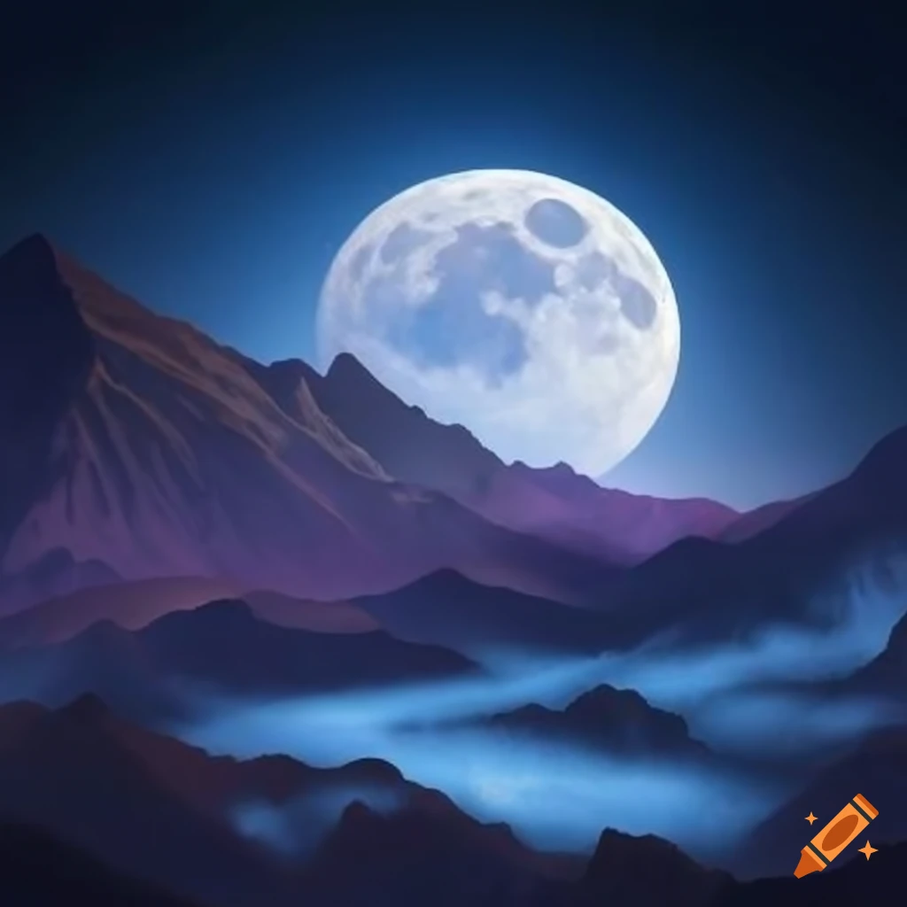 The glowing moon over mountainous terrain at twilight on Craiyon