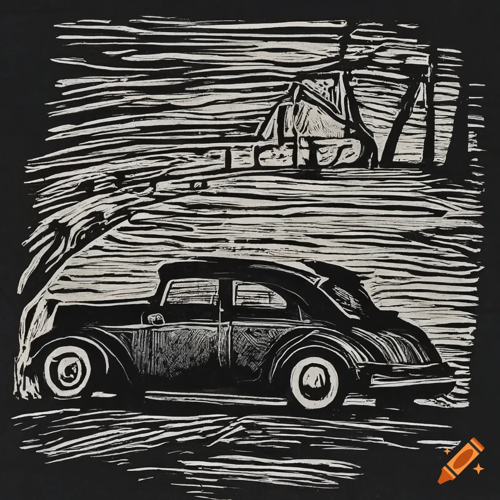 A man watches a car in the wood, linocut, woodcut, engraving, black and ...