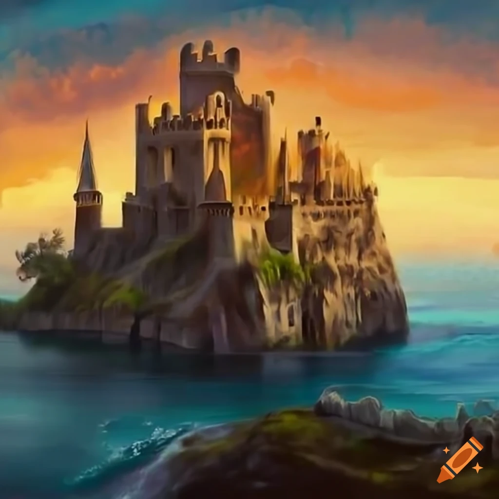 Fantasy castle on a cliff overlooking the ocean