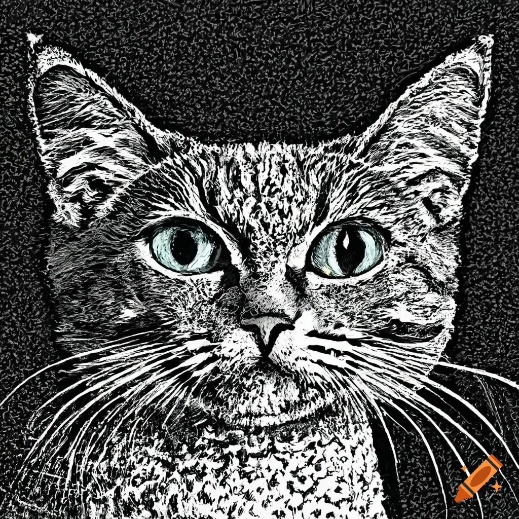 Digital pointillism portrait of a cat in monochrome style