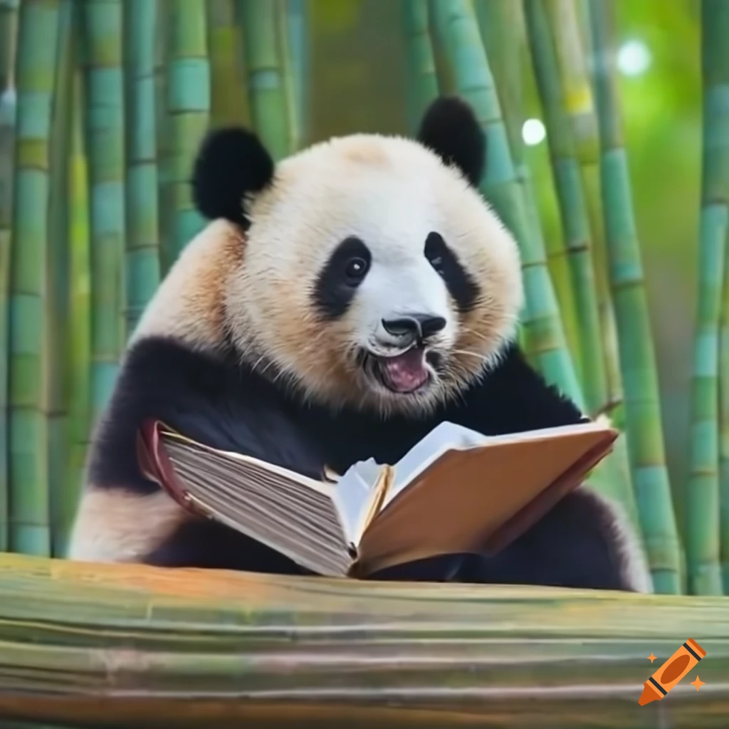 A panda bear reading a book in a bamboo forest