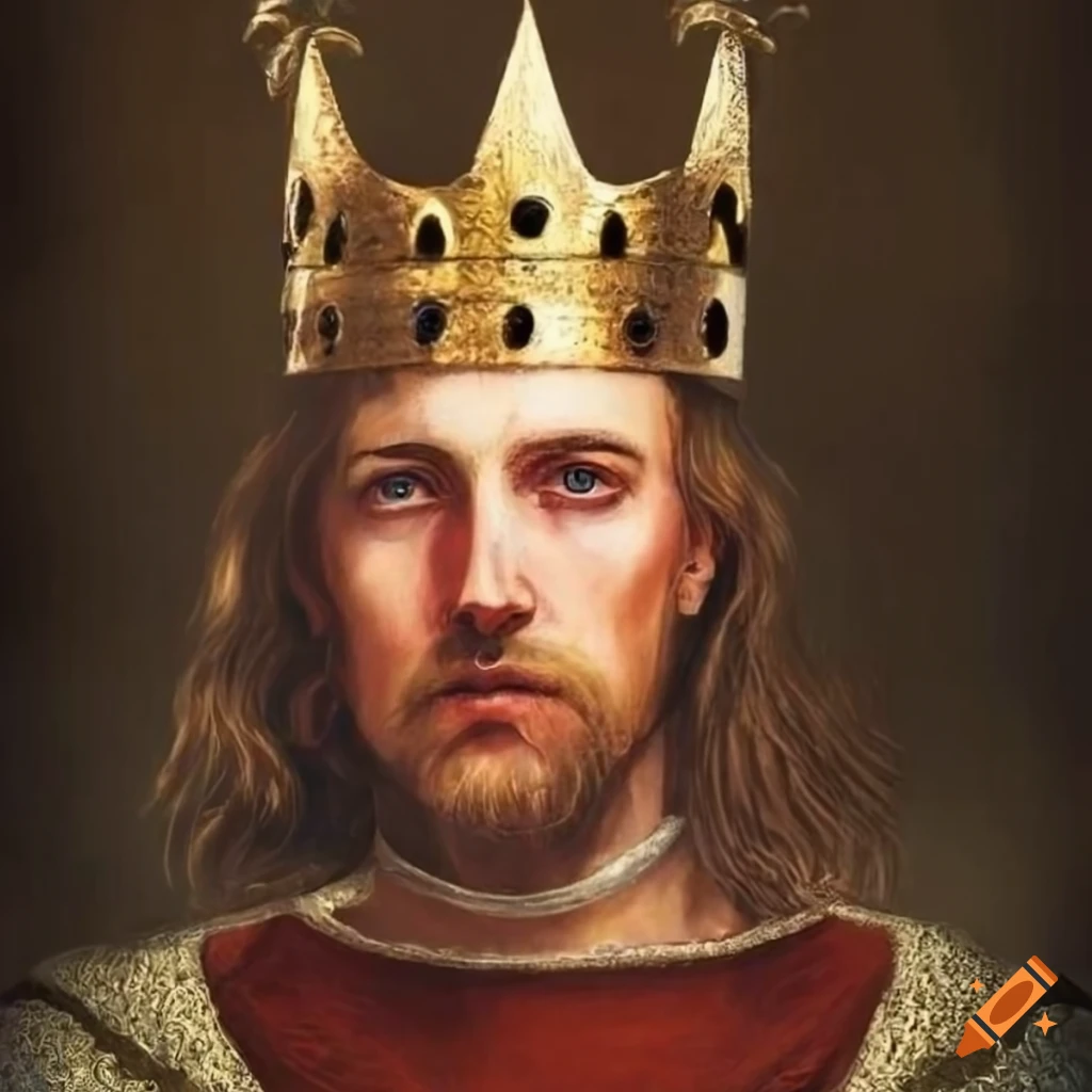 Portrait of saxon king, x century, medievale crown on head