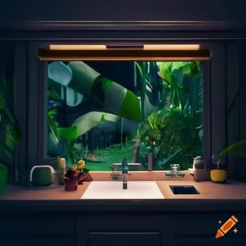 Primitive futuristic kitchen, 1990s style kitchen, interior design, sci ...
