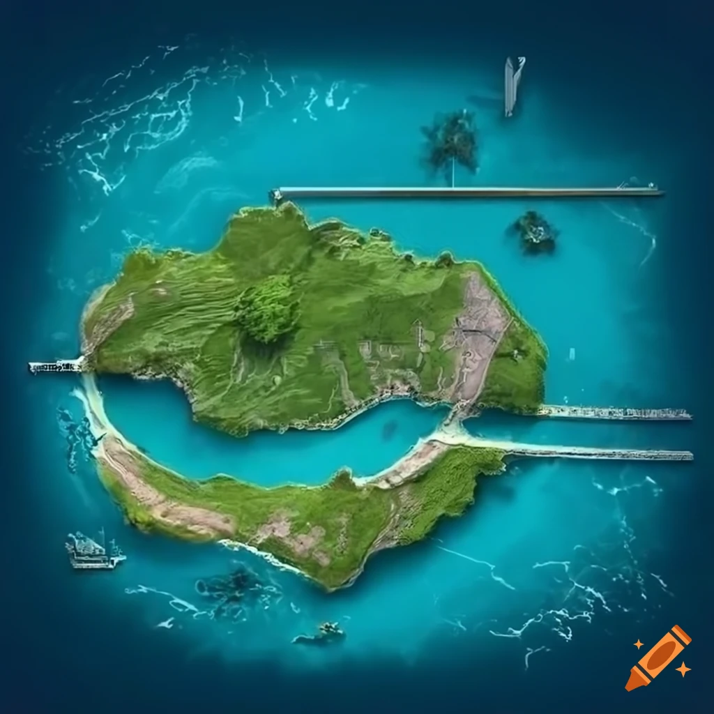 A top view map of an island with a mountain, city and train tracks on ...