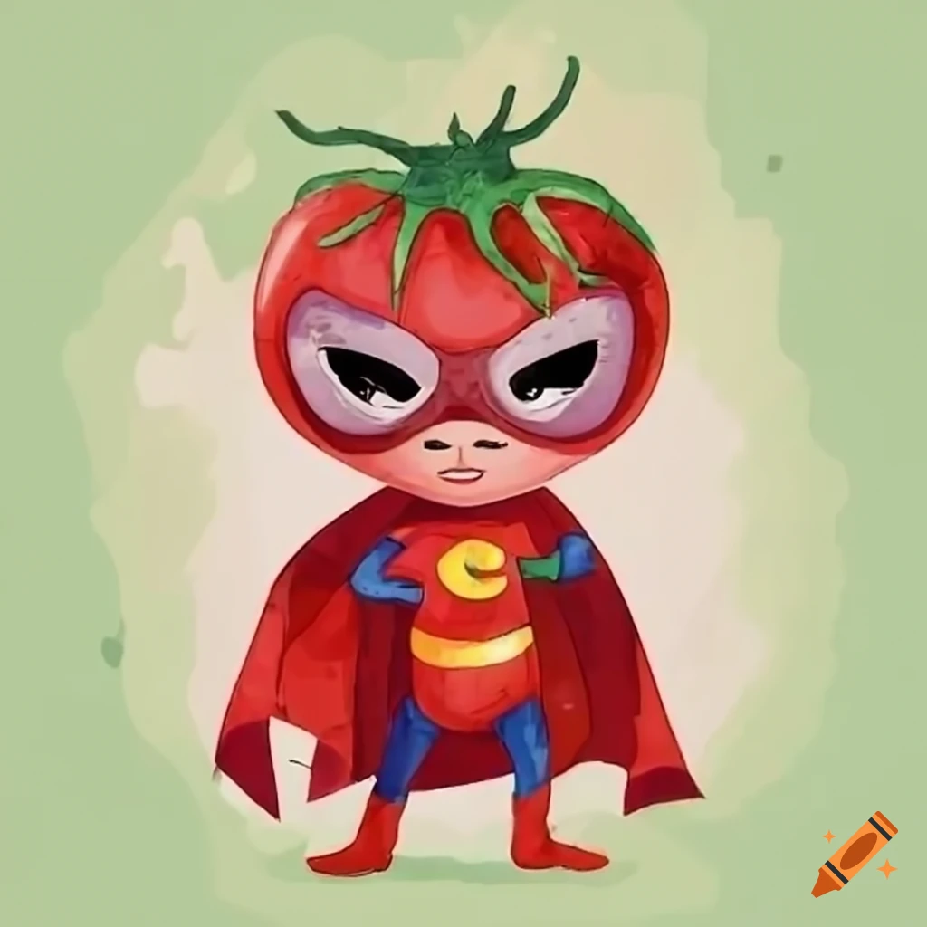 Animated tomato superhero with mask and cape for kids