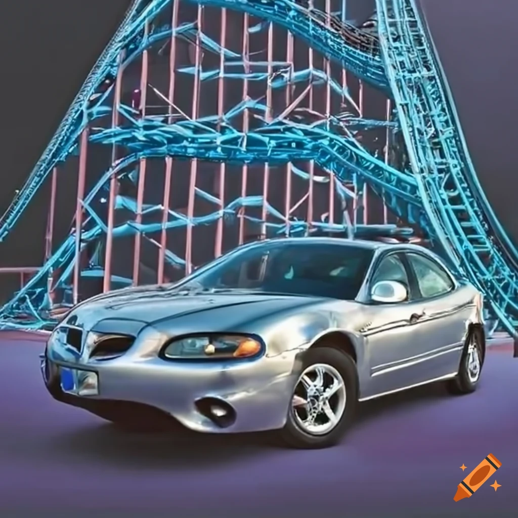 A silver 2003 pontiac grand prix parked in front of a blue roller coaster