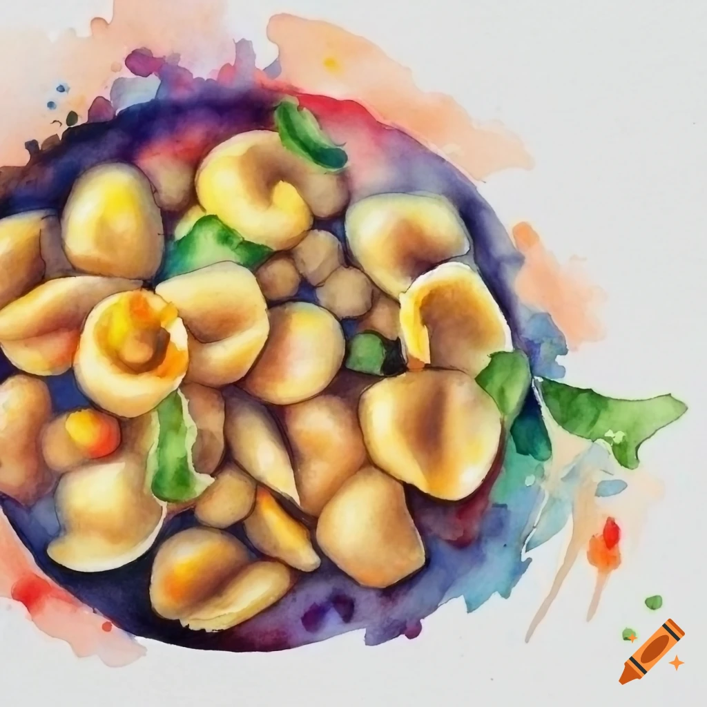 Painted in watercolor of dark orecchiette pasta and chickpeas on Craiyon