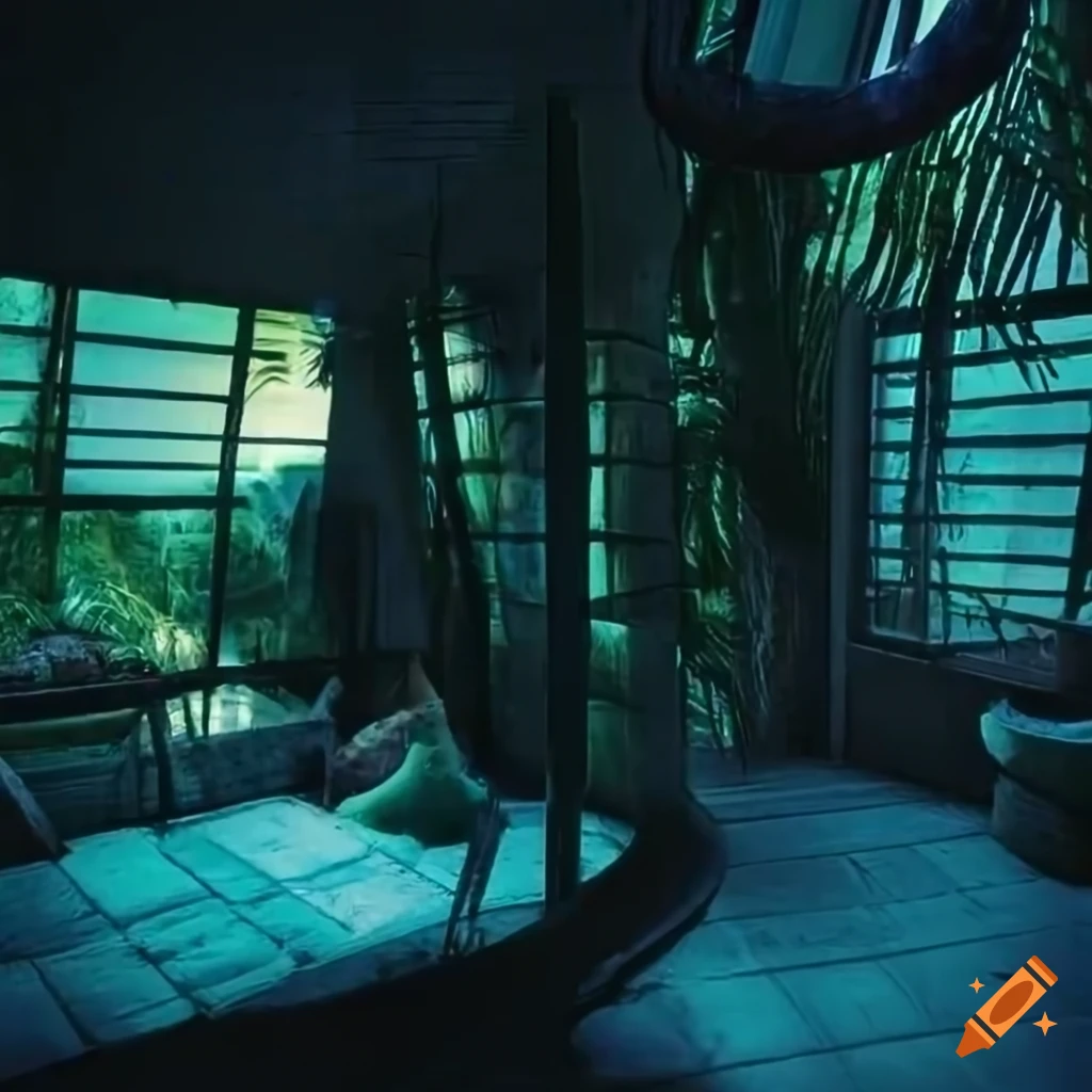 90's style interior design, view from inside a superadobe house, sci-fi ...