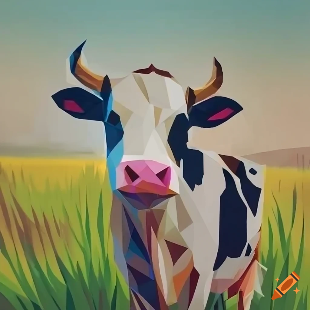 A cute cow in a field, low poly
