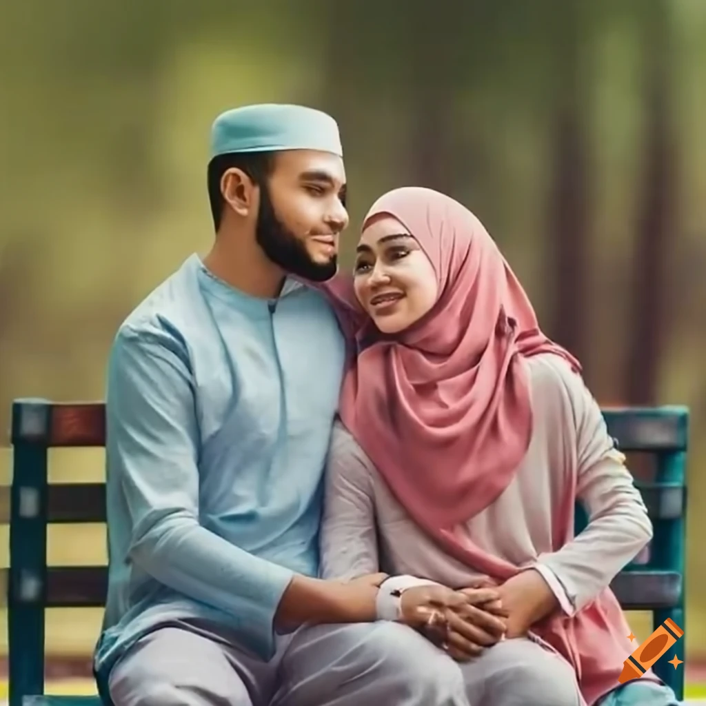 A loving muslim couple sitting together on a park bench on Craiyon