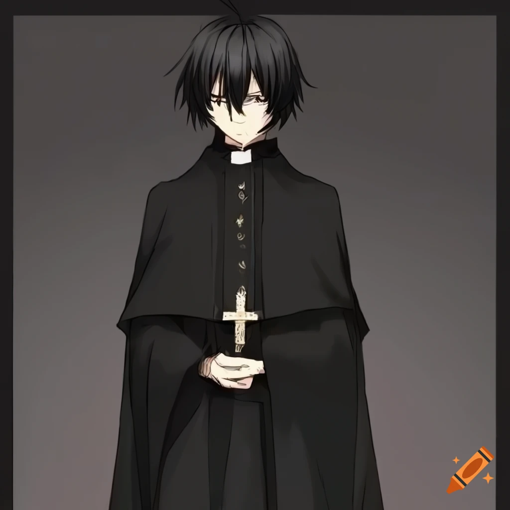 A black-haired anime boy, dressed in priest's clothes on Craiyon
