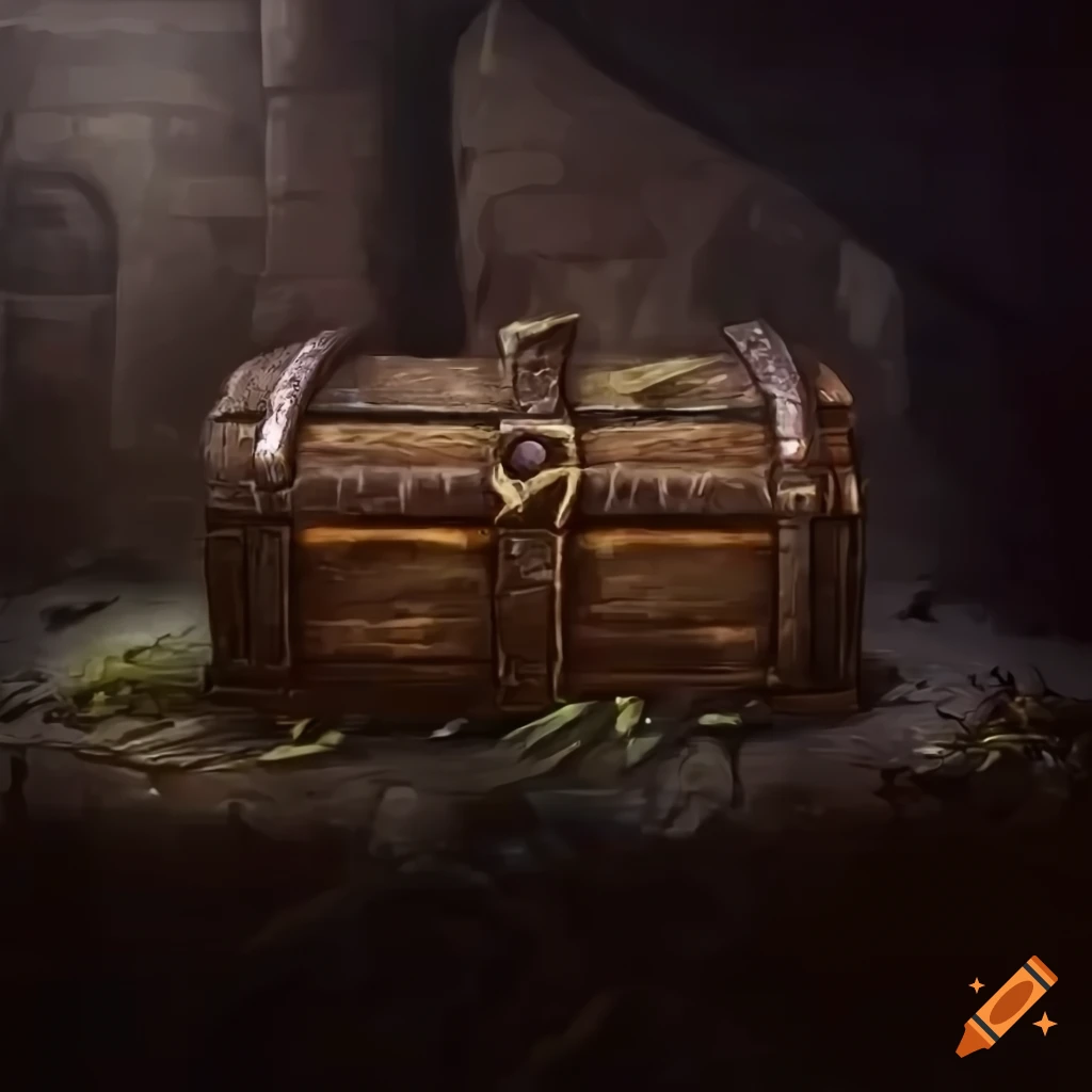 A treasure chest resting on the ground in a dark dungeon on Craiyon