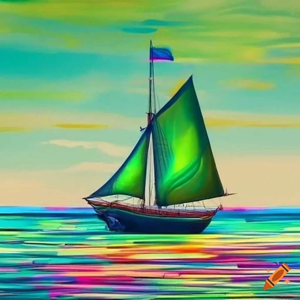 A large green ship with sails