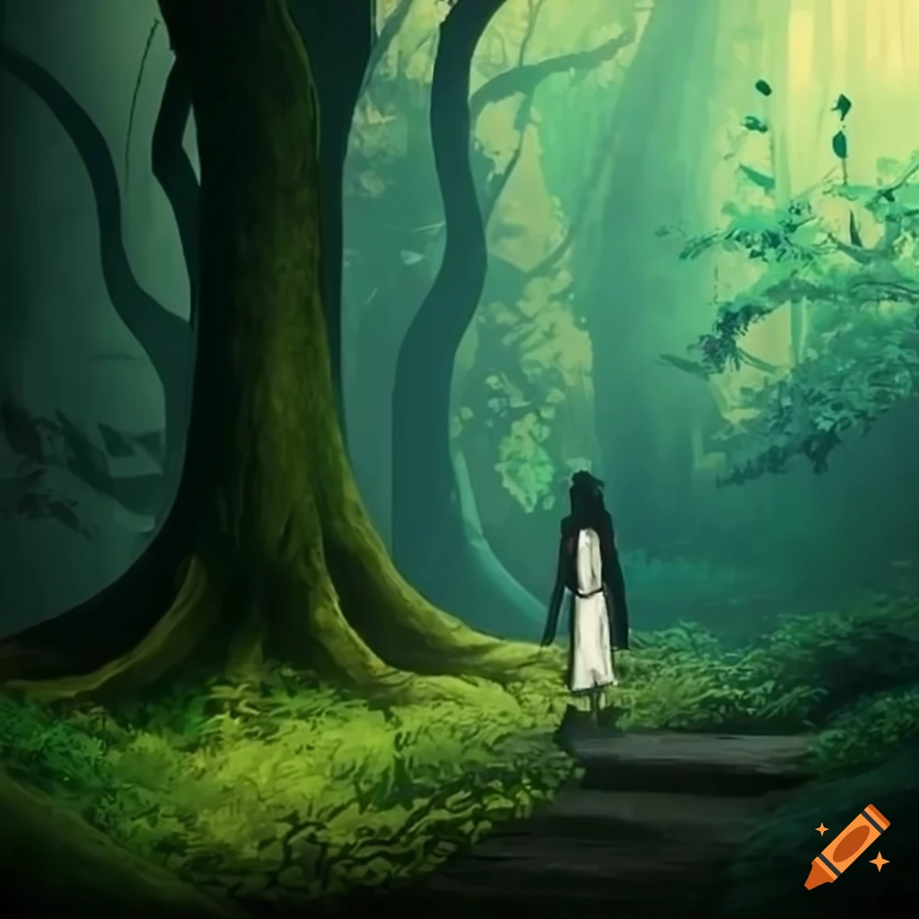 A poet walking in a fantasy forest